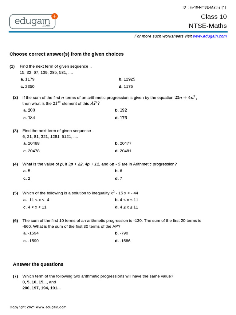 NTSE Class 10 Maths Worksheet | PDF | Mathematics | Mathematical Analysis