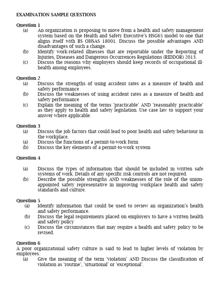 EXAMINATION SAMPLE QUESTIONS | PDF | Occupational Safety And Health ...