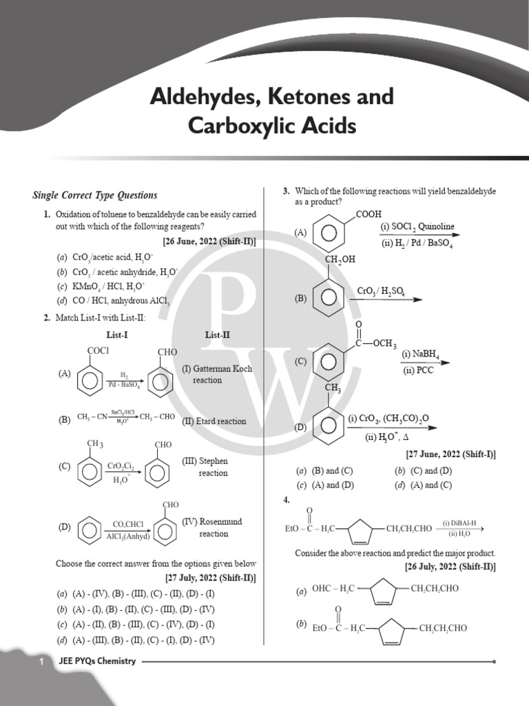 Aldehydes, Ketones and Carboxylic Acids PYQ Practice Sheet | PDF ...