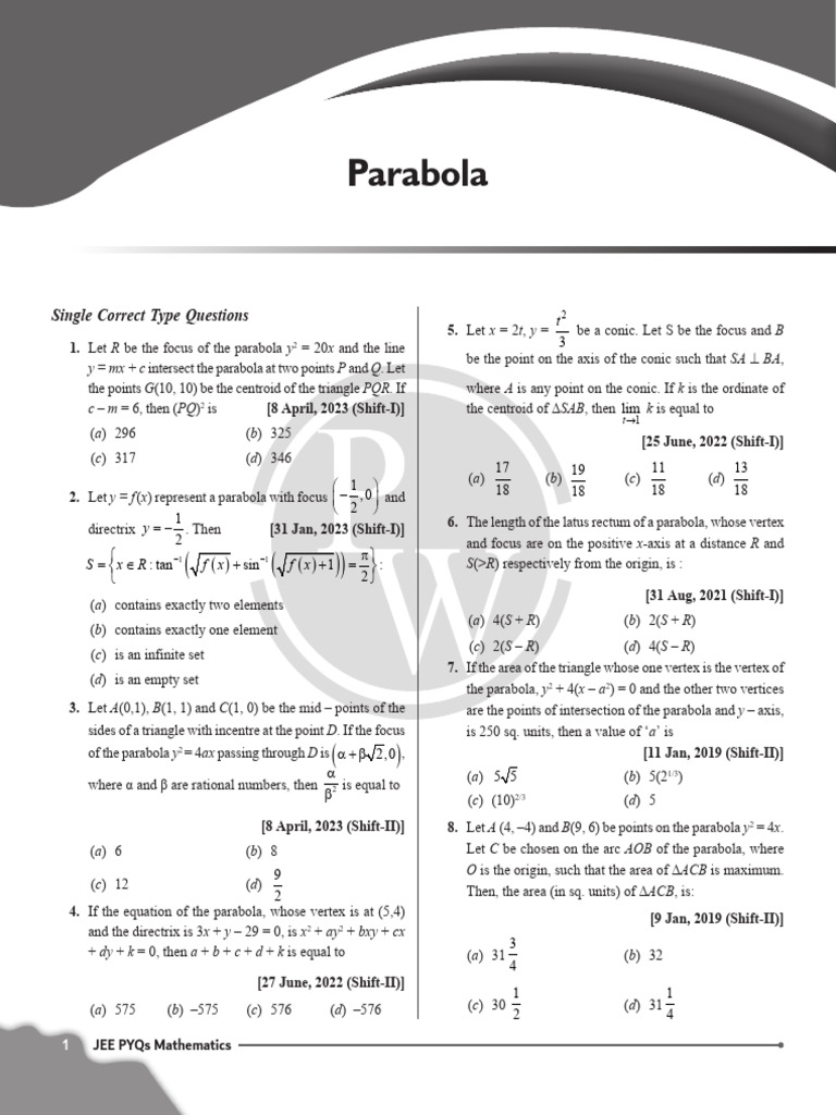 Parabola - PYQ Practice Sheet | PDF | Euclidean Geometry | Elementary ...