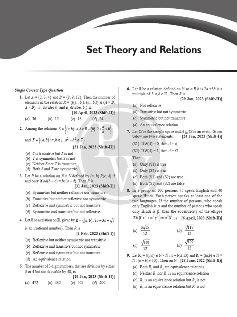 Set Theory and Relations - PYQ Practice Sheet | PDF | Mathematics ...