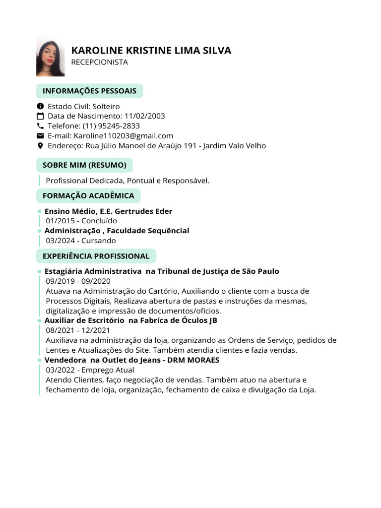 Currículo - Karoline Kristine Lima Silva | PDF