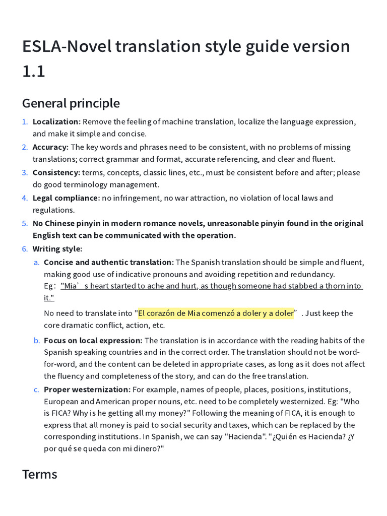 ESLA-Novel Translation Style Guide Version 1.1 | PDF | Translations ...