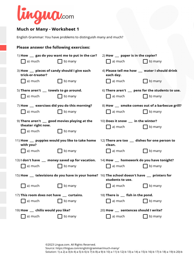 ESL Learners: Much vs. Many Worksheet | PDF | Language Arts & Discipline