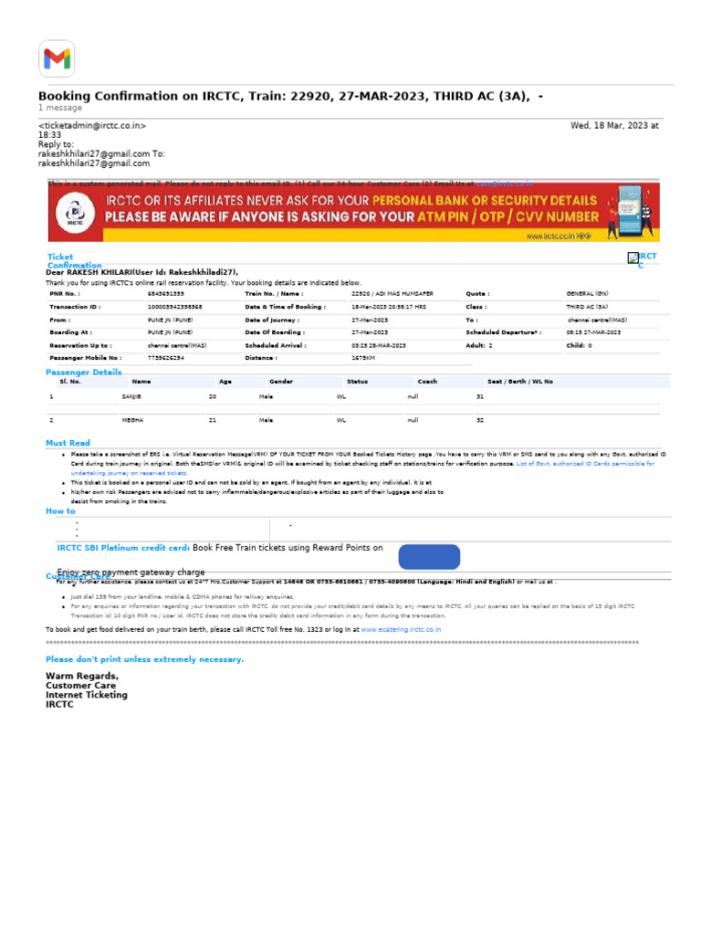 Gmail - Booking Confirmation On IRCTC, Train - 12834, 16-Feb-2023 ...