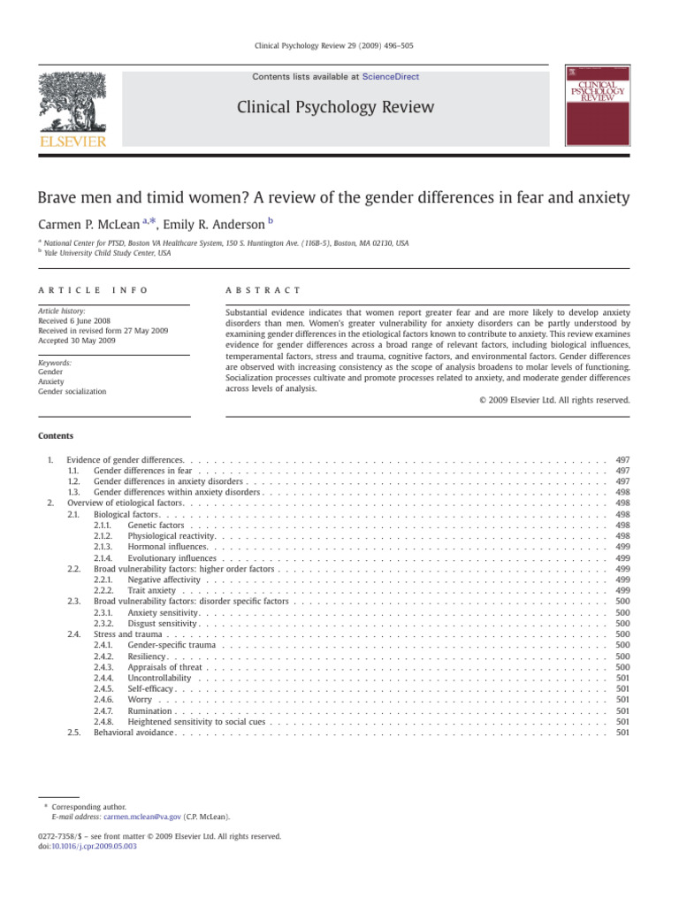 2009 - Brave Men and Timid Women - A Review of The Gender Differences in Fear and Anxiety | PDF ...