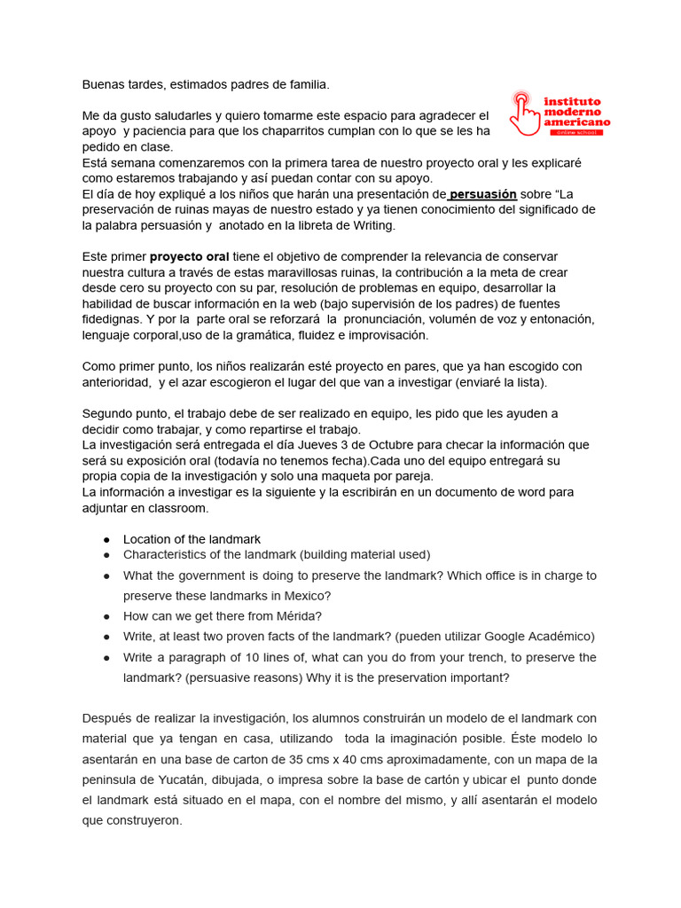 Instrucciones Del Proyecto Oral 1er Trimestre 4to Cyd | PDF