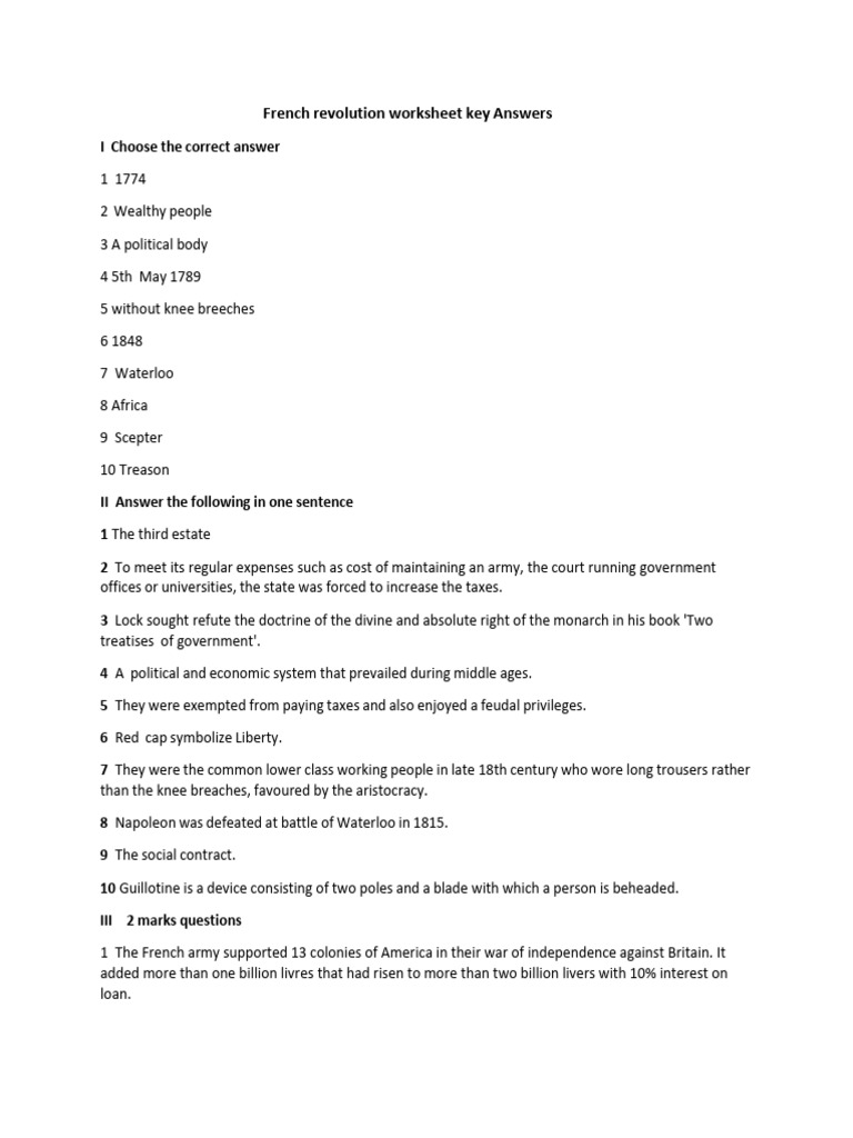 French Revolution Worksheet Answers | PDF | French Revolution ...