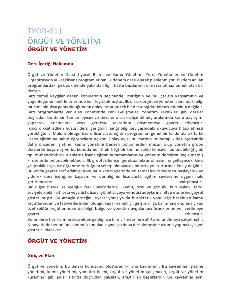 Orgut Ve Yonetim - Ders Icerigi | PDF