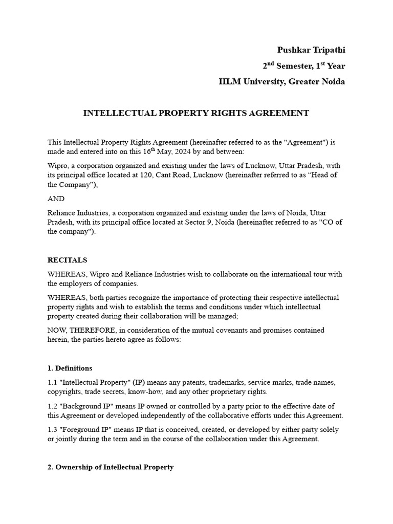 Intellectual Property Rights Agreement-Pushkar | PDF | Intellectual ...