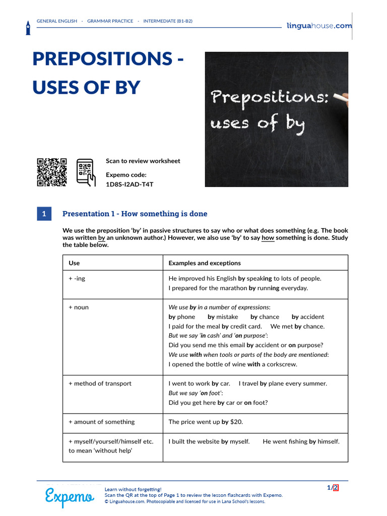 Prepositions: Uses of "By" Explained | PDF | English Language | Languages