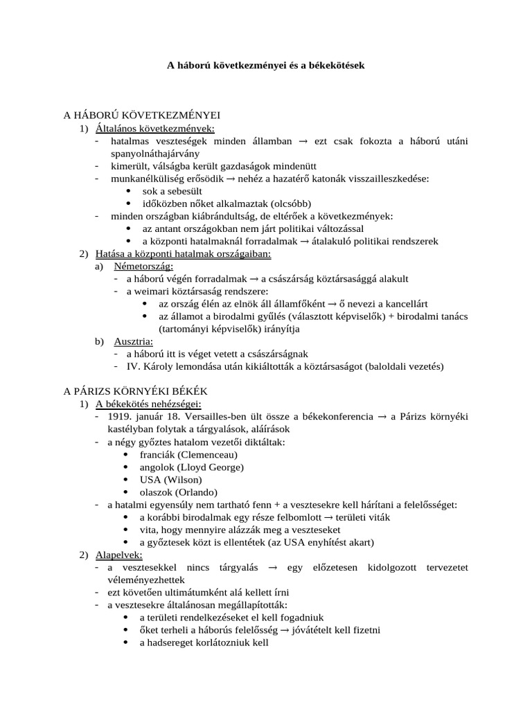 A Háború Következményei És A Békekötések | PDF