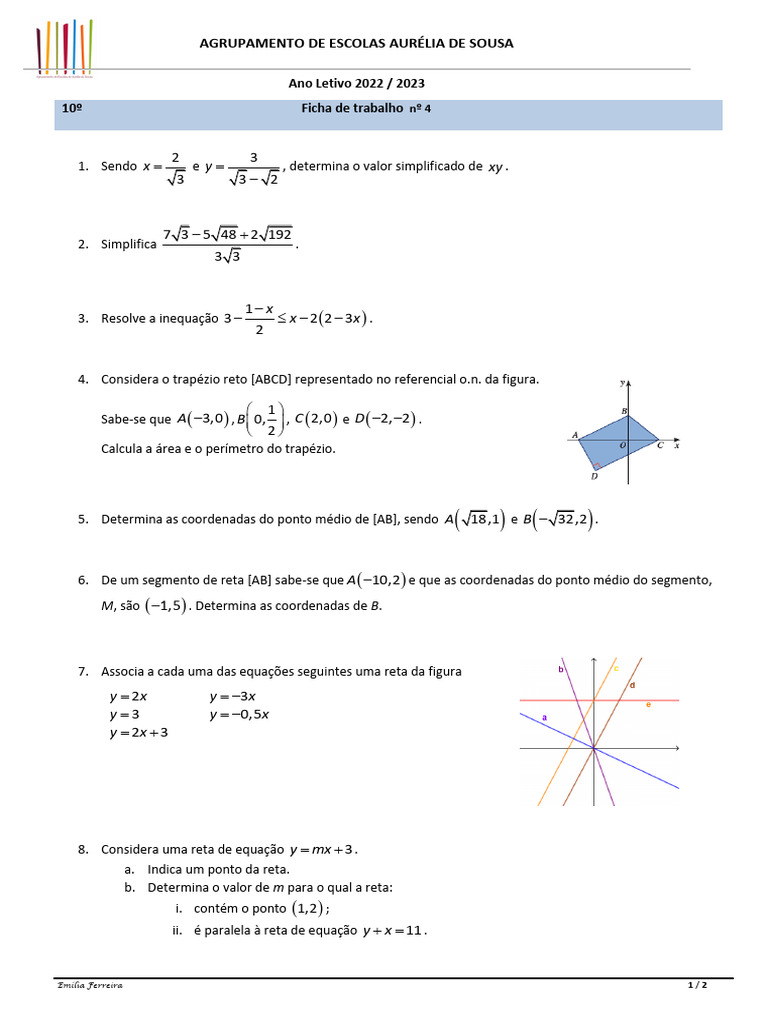Ficha de Trabalho #4 - 10º Ano | PDF | Linha (Geometria) | Geometria Euclidiana