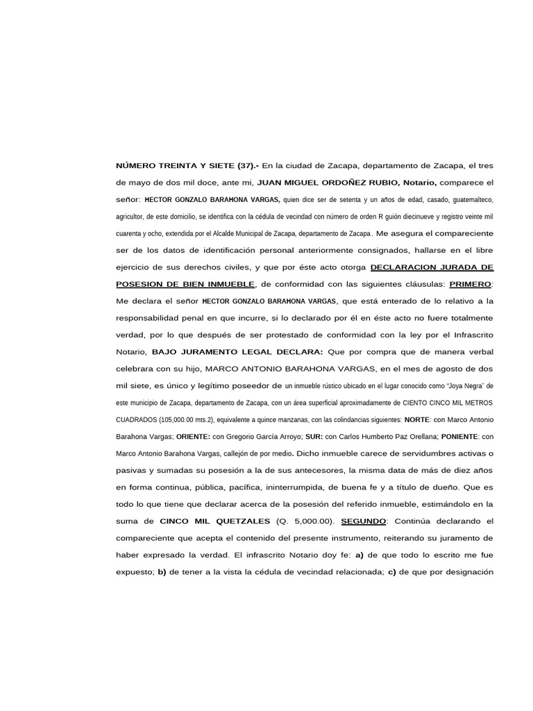 Declaracion Jurada de Posesion de Bien Inmueble Gonzalo Barahona | PDF