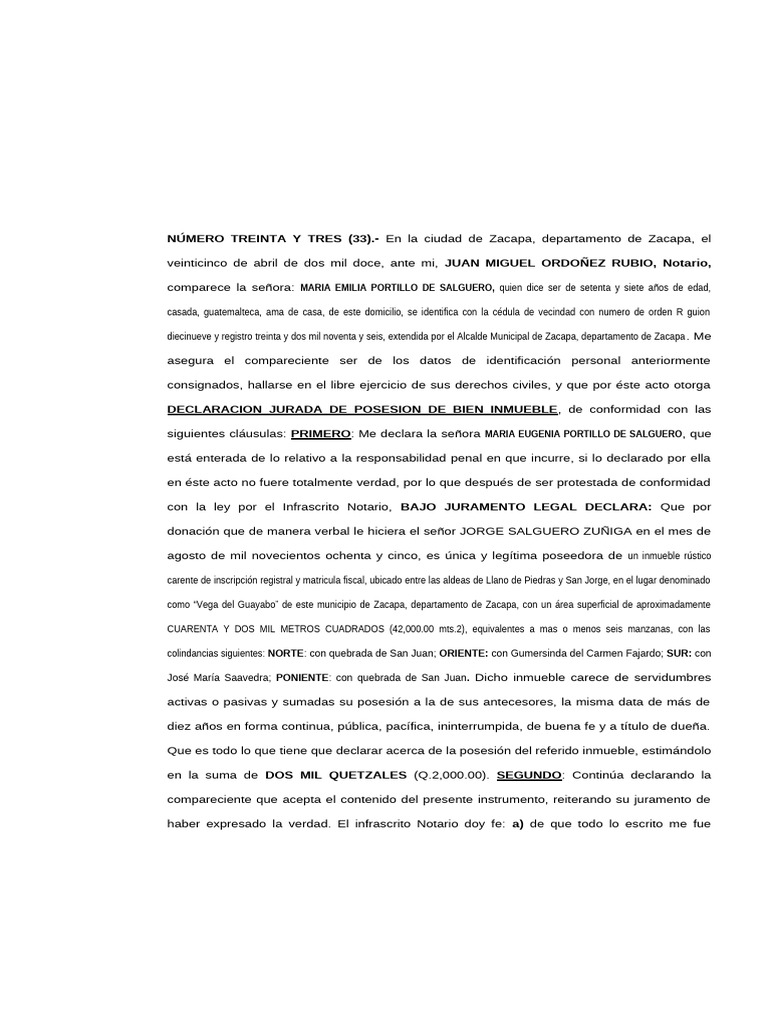 Declaracion Jurada de Posesion de Bien Inmueble Maria Portilloe | PDF