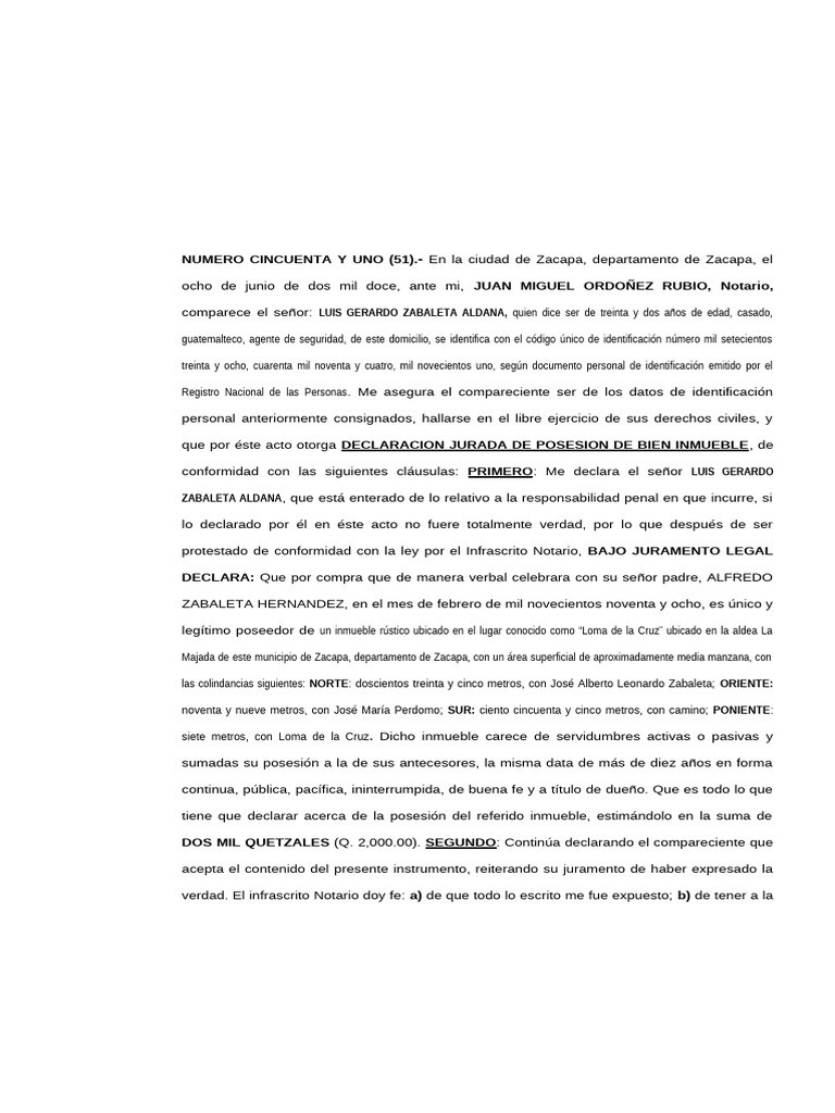 Declaracion Jurada de Posesion de Bien Inmueble Luis Zabaleta | PDF | Derecho