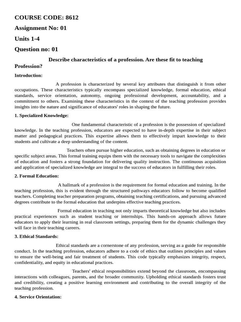 Course Code 8612 Assignment 1 Pdf Teachers Profession 0577