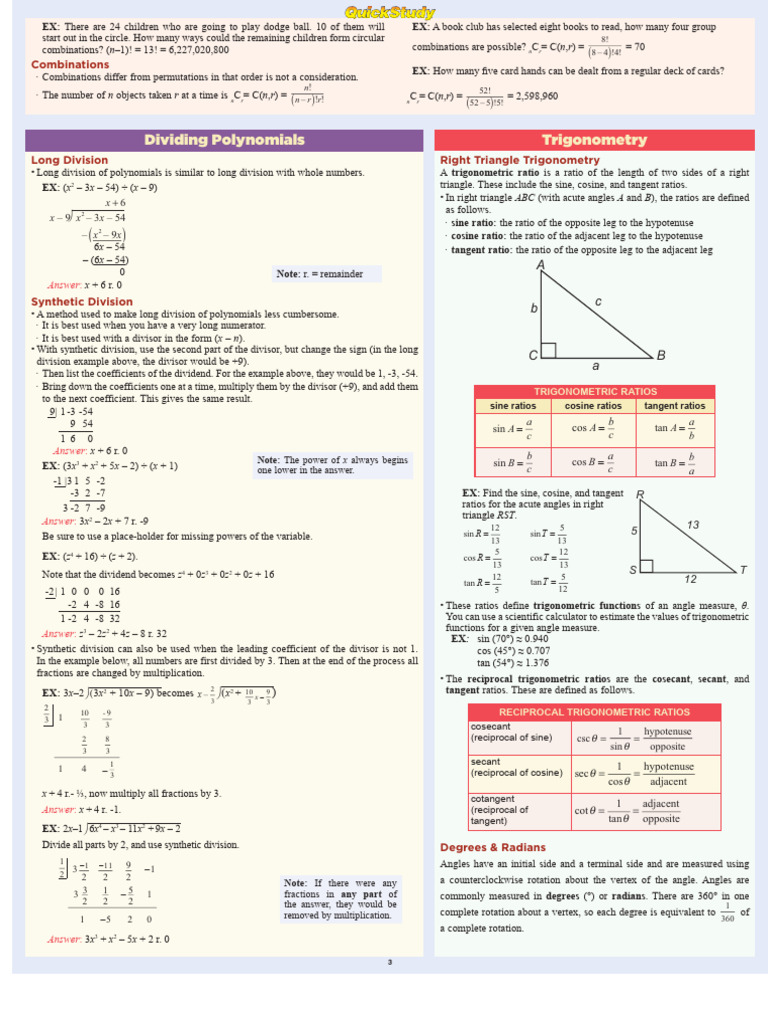Pre Calculus A QuickStudy Reference Guide Dividing Polynomials | PDF | Trigonometric Functions ...