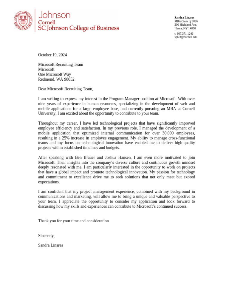 Sandra Linares Cover Letter PM 1748102 | PDF