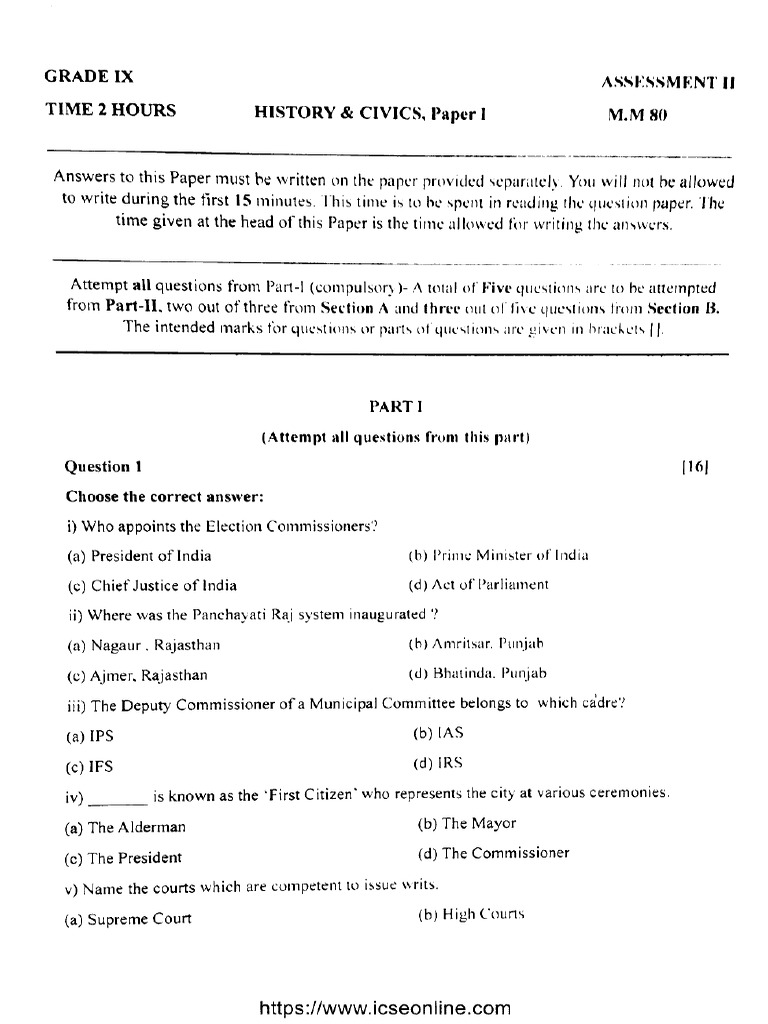 Icse Class 9 Assessment 2 History and Civics Paper 1 030424 2024 | PDF