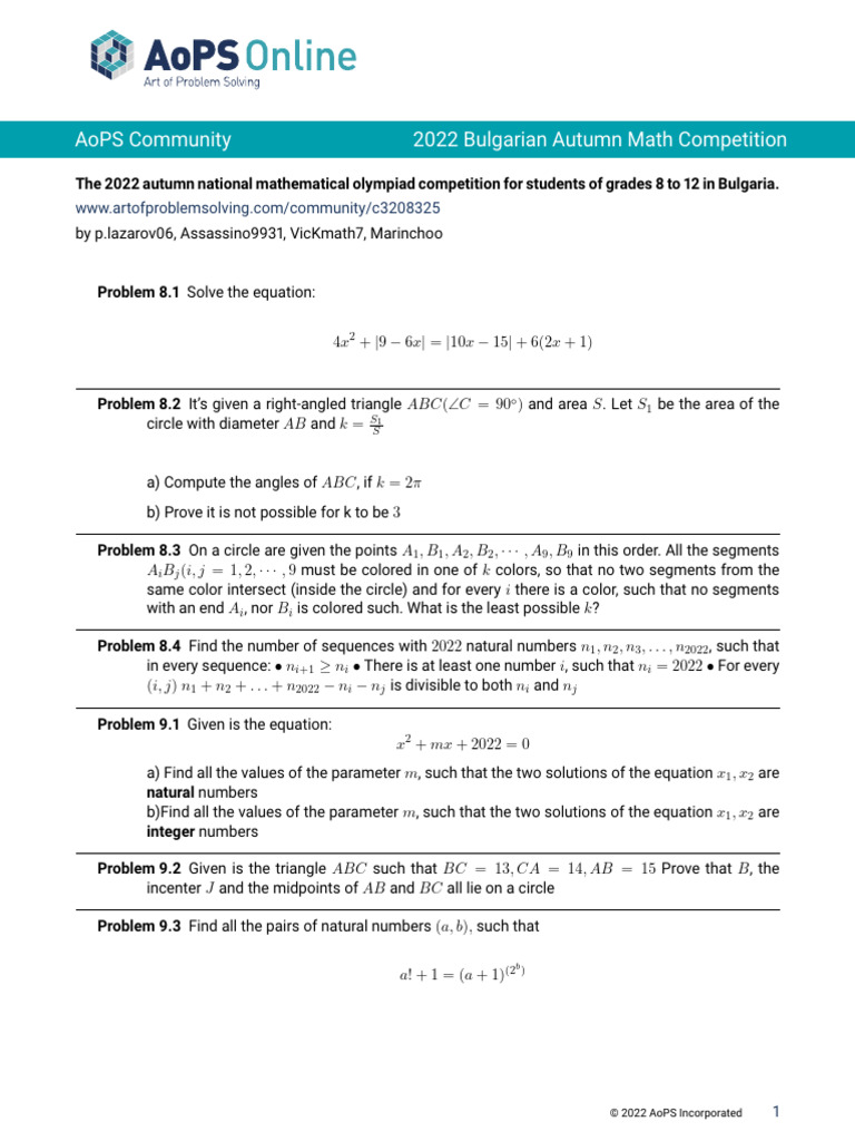 Aops Community 2022 Bulgarian Autumn Math Competition | PDF | Classical ...