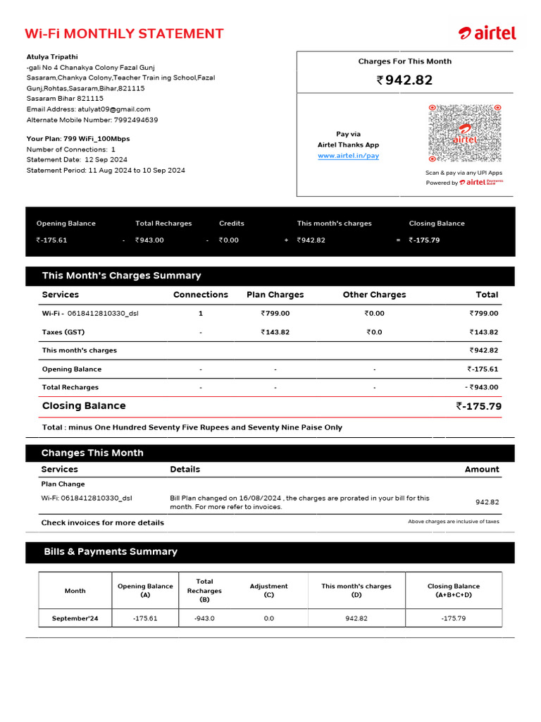 Wi-Fi Monthly Statement: This Month's Charges Summary | PDF | Credit ...