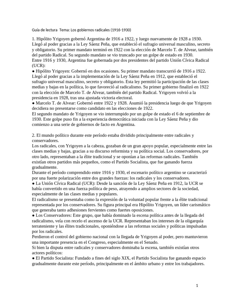Guía De Lectura Los Gobiernos Radicales 1916 1930 Pdf Argentina