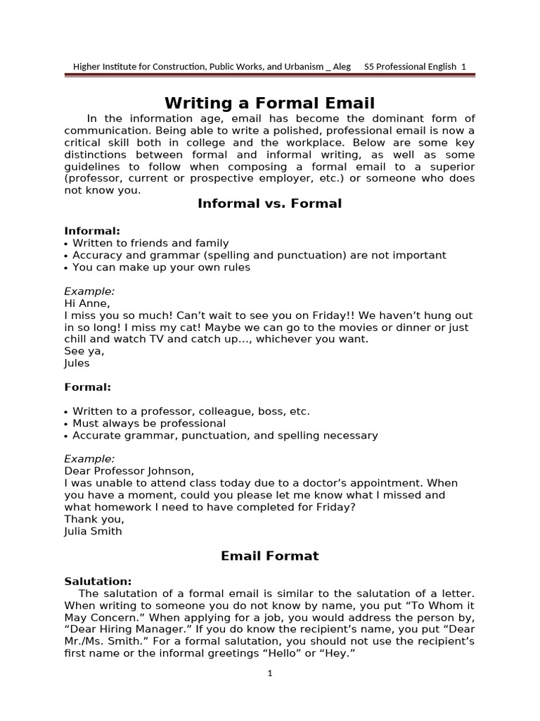 Writing A Formal Email 1 2 Pdf