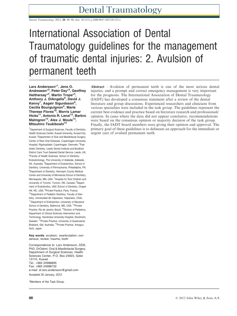 IADT Guidelines: Avulsed Teeth Management | PDF | Dentistry | Medical ...