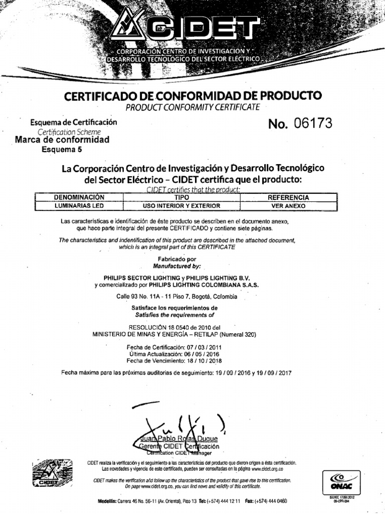 Certificado de Conformidad de Producto (CIDET) - LED | PDF