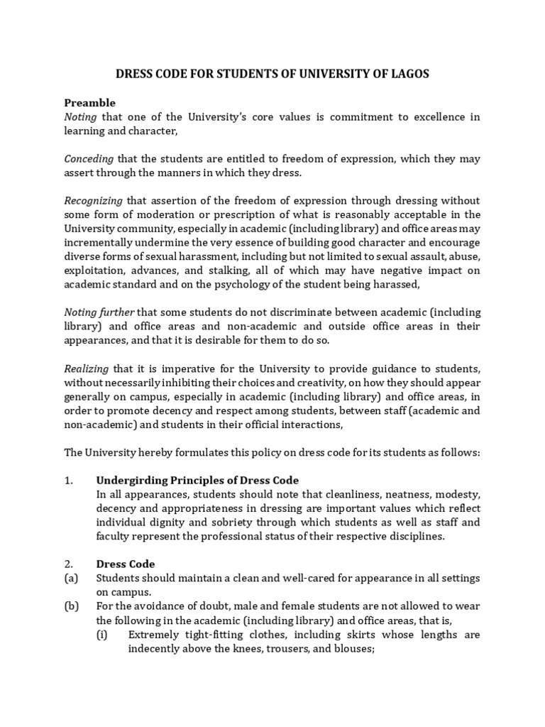 Dress Code For Students of University of Lagos | PDF | Clothing | Dress