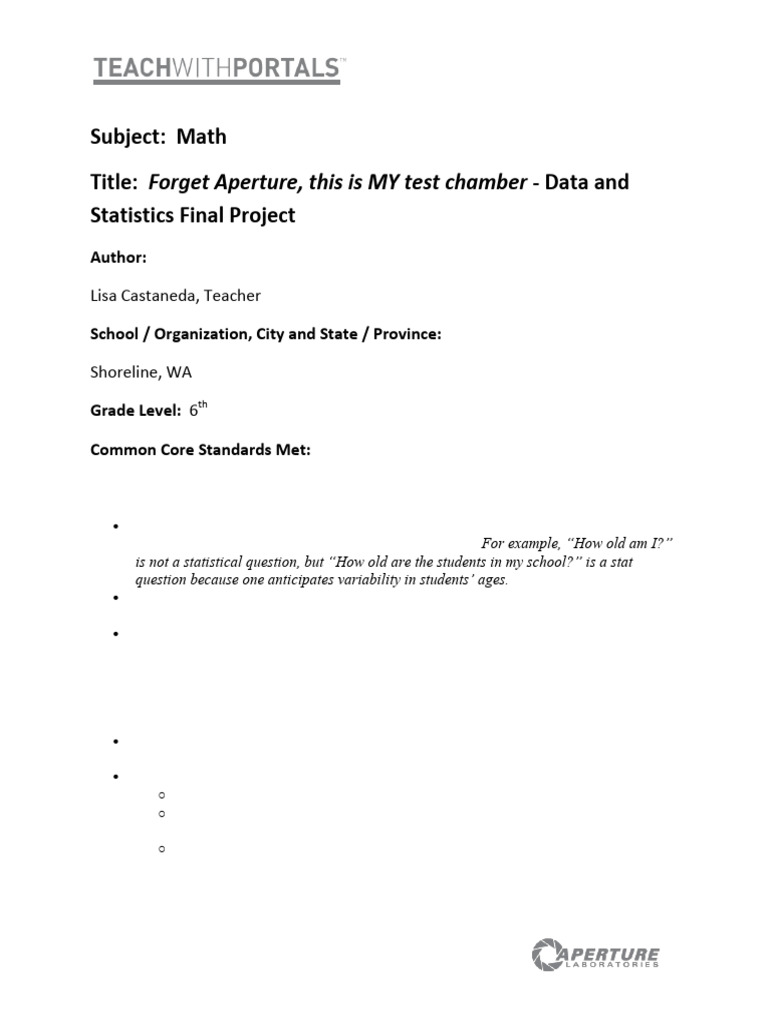 Portal 2 Lesson Plan Data and Statistics Final Project - LC | PDF | Statistics | Data