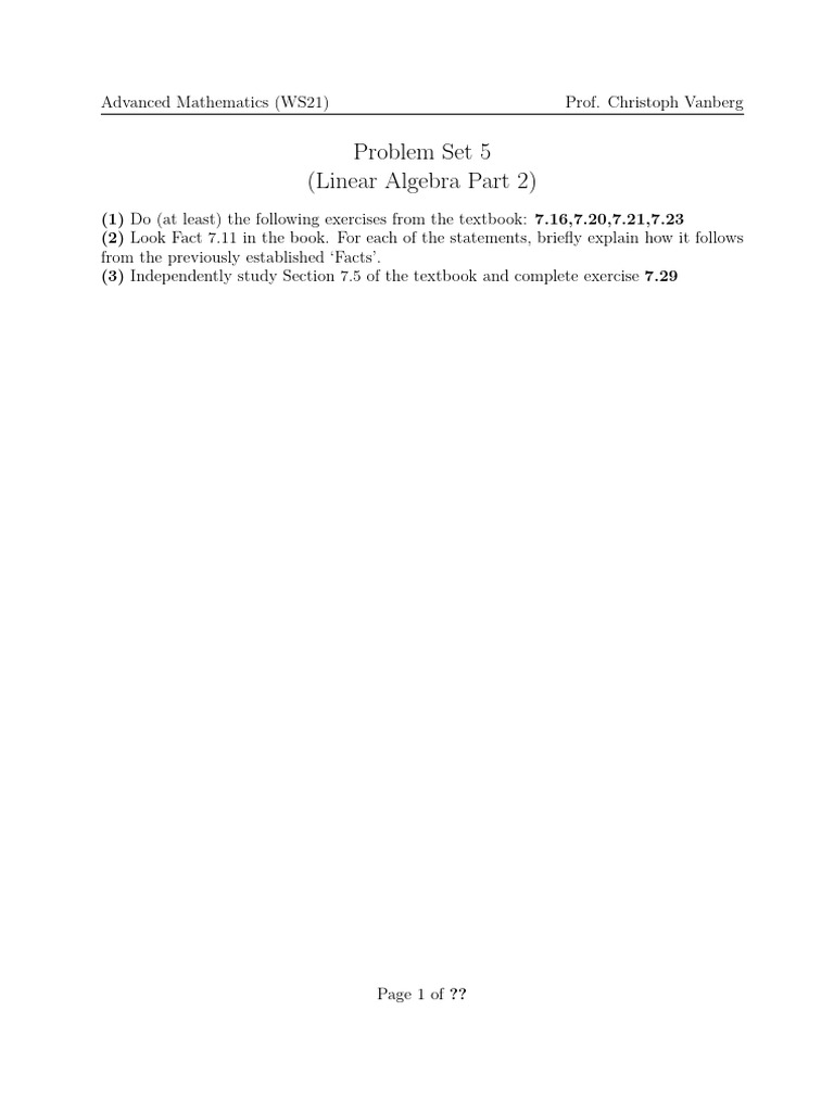 Linear Algebra Problem Set 5 | PDF | Teaching Methods & Materials ...