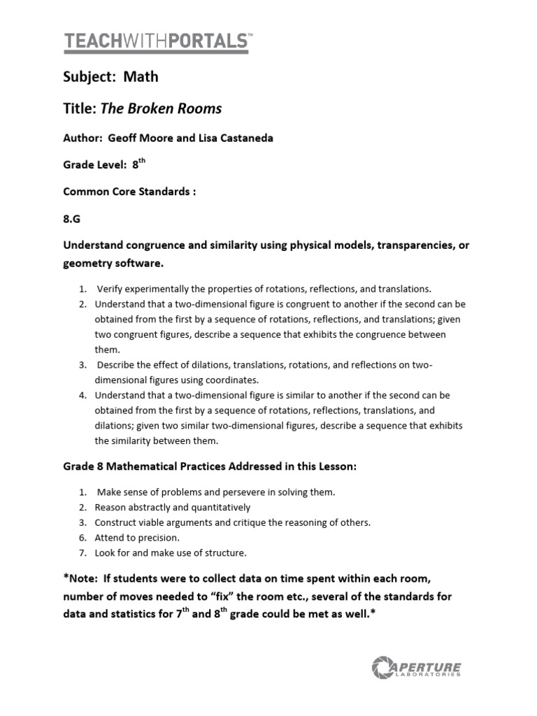 Portal 2 Lesson Plan The Broken Rooms - Final | PDF | Mathematics