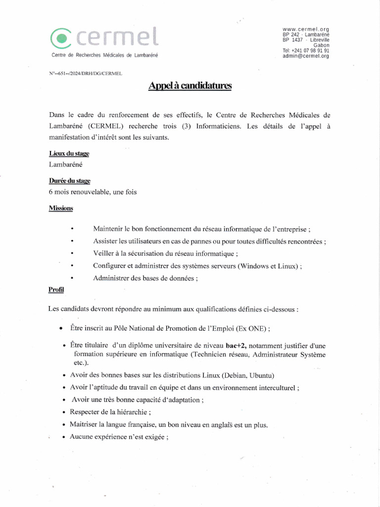 Appel à candidatures : Informaticiens CERMEL | PDF | Linux | Informatique