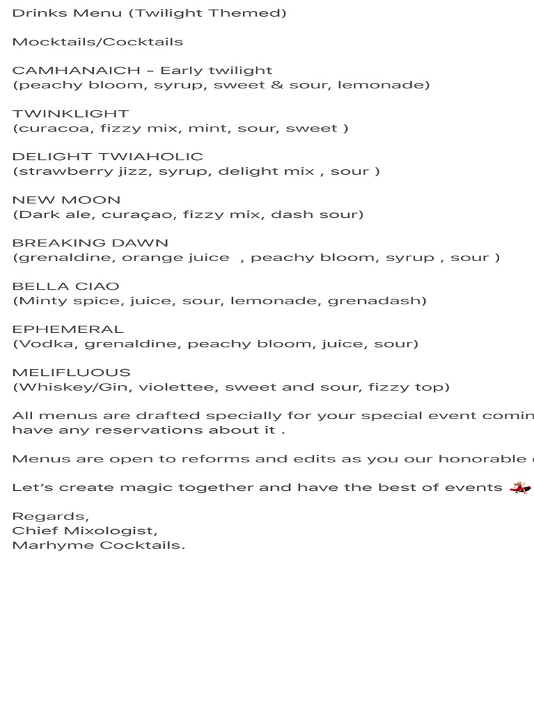 Twilight-Themed Drinks Menu | PDF | Wellness | Poetry
