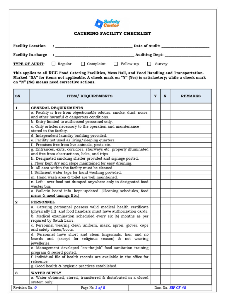 Canteen CATERING FACILITY INSPECTION CHECKLIST | PDF | Refrigerator ...