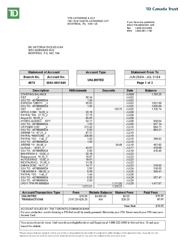 TD UNLIMITED CHEQUING ACCOUNT 4576-6901849 Jun 28-Jul 31 2024 | PDF | Personal Identification ...