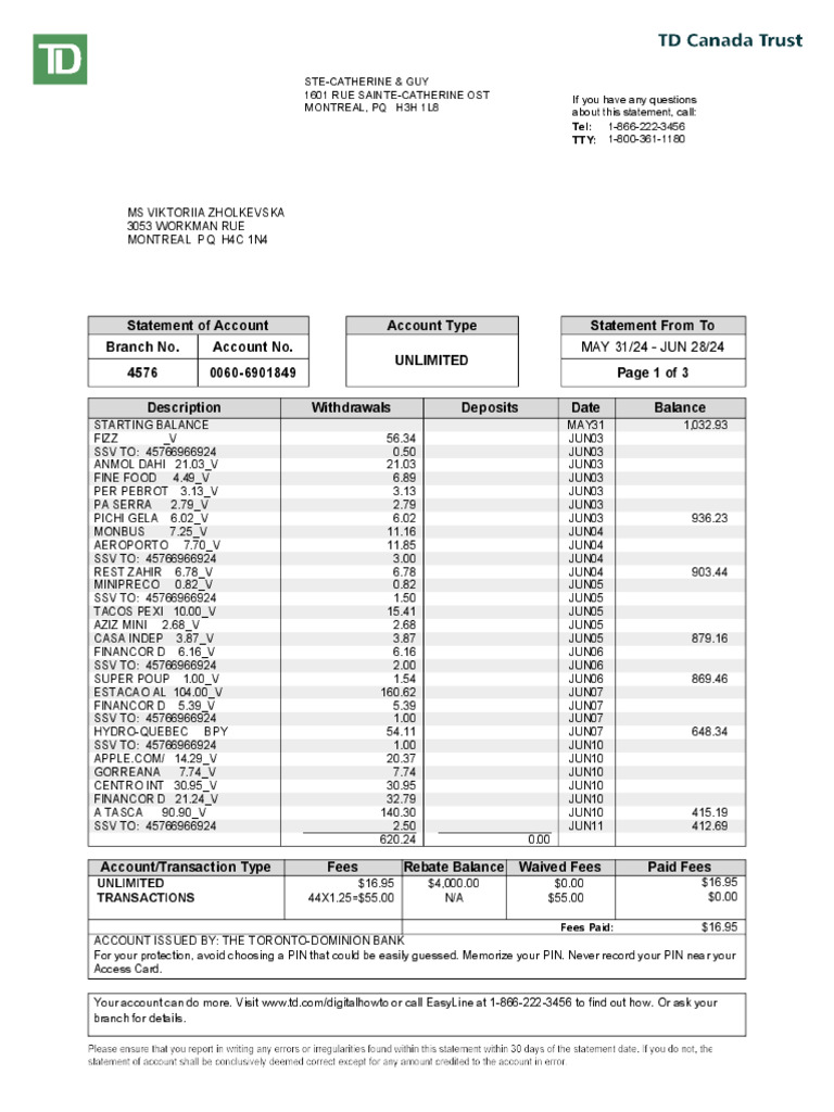 TD UNLIMITED CHEQUING ACCOUNT 4576-6901849 May 31-Jun 28 2024 | PDF ...