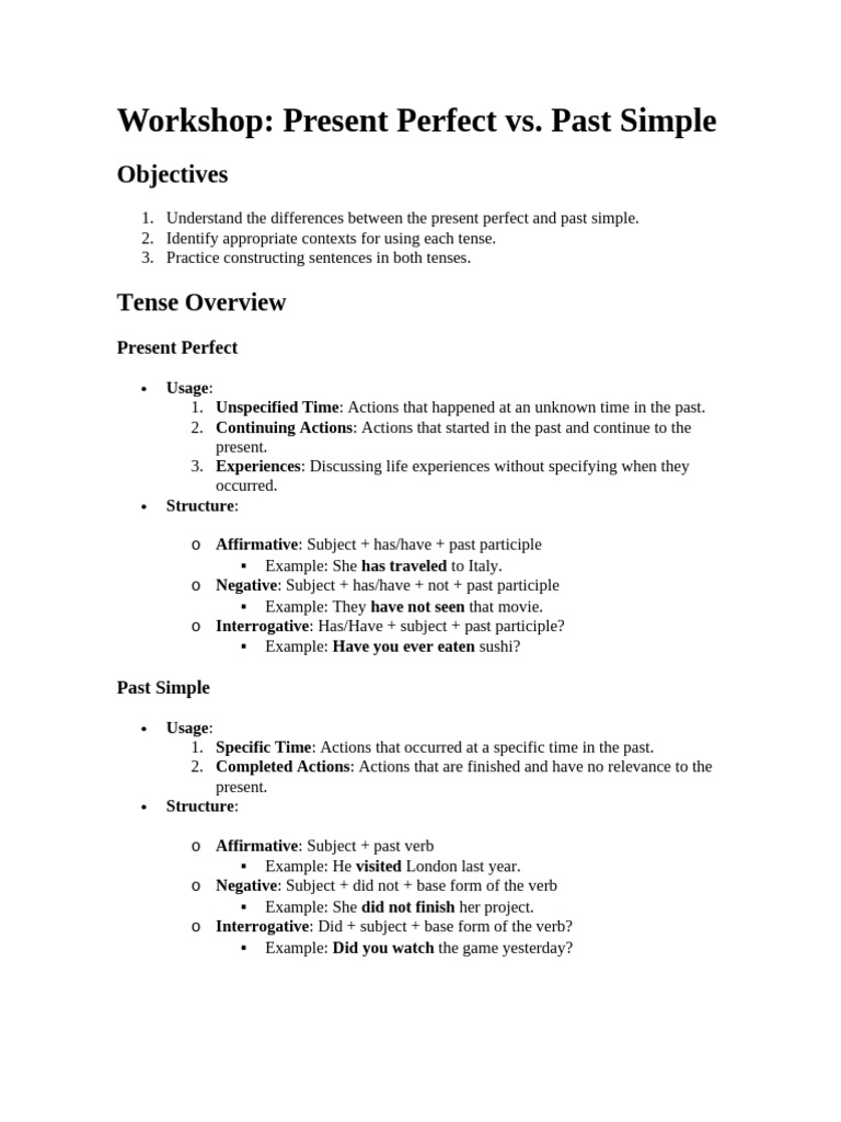 Workshop - Present Perfect Vs Past Simple | PDF | Grammatical Tense | Verb