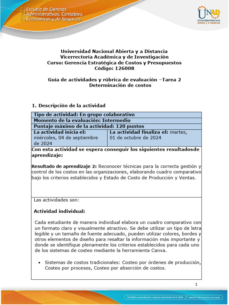 Guía de Actividades y Rúbrica de Evaluación - Unidad 2 - Tarea 2 - Determinación de Costos | PDF ...