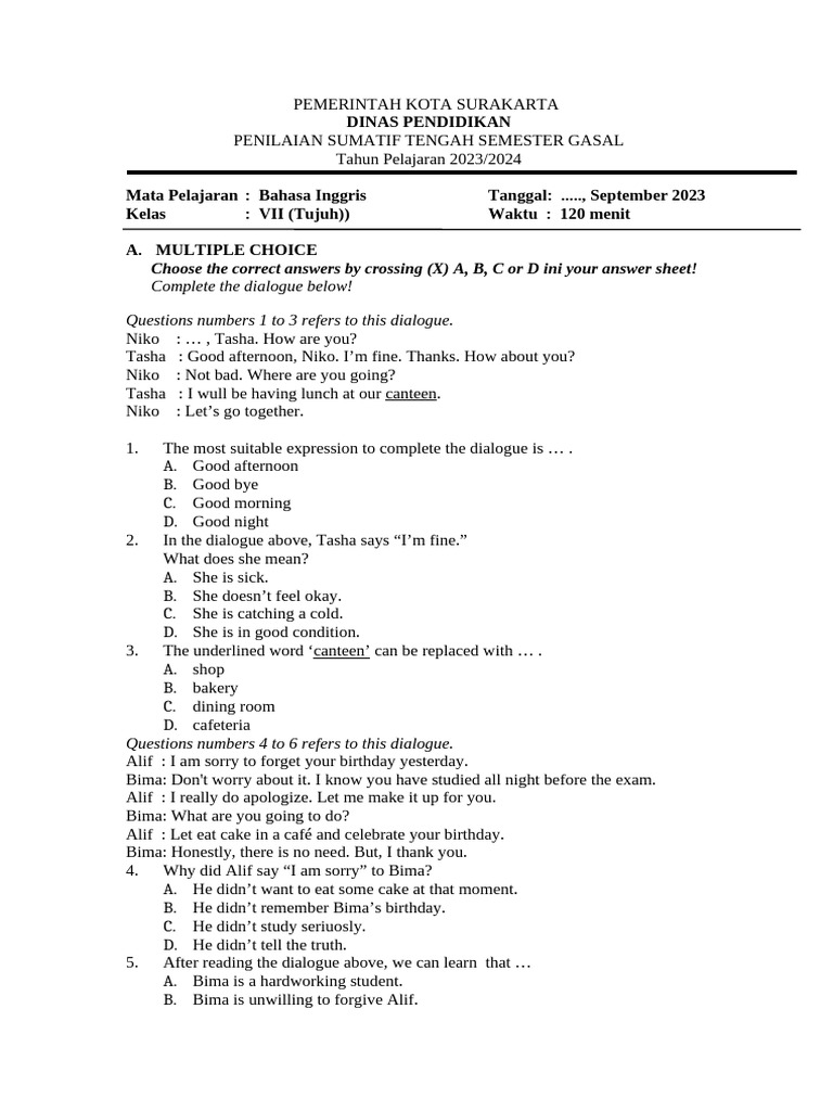 Soal PSTS 1 Basing Klas 7 (Utama) | PDF