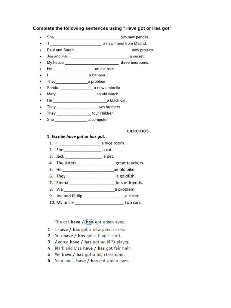 Complete Sentences with "Have Got" | PDF