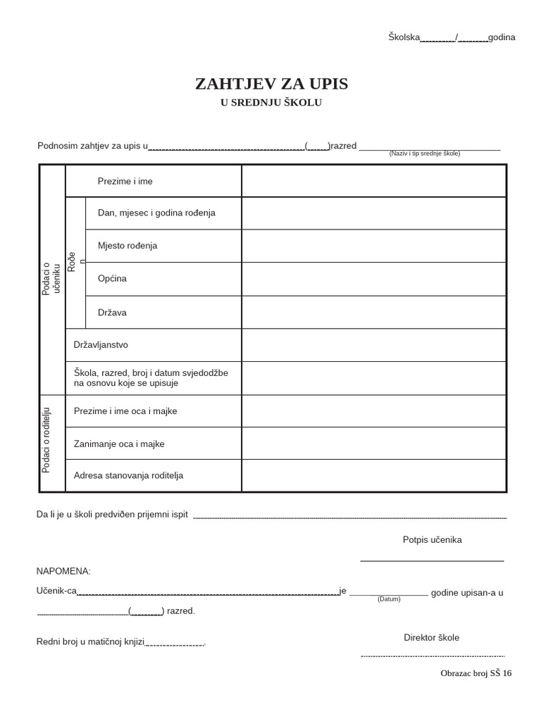 16 Zahtjev Za Upis Ucenika U Srednju Skolu SŠ 16 | PDF