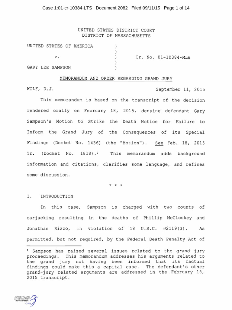Grand Jury Decision in Sampson Case | PDF | Indictment | Criminal Procedure