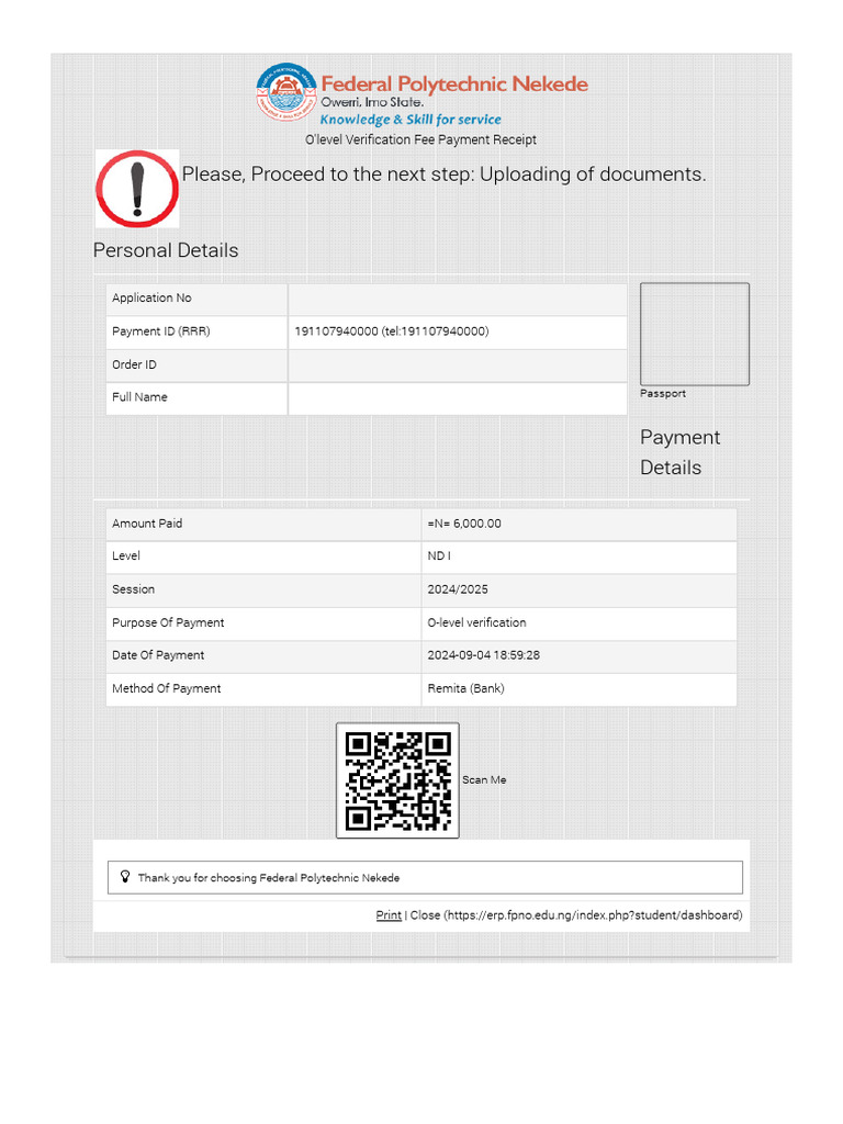Eduportal FPN Olevel Fee Payment Receipt | PDF