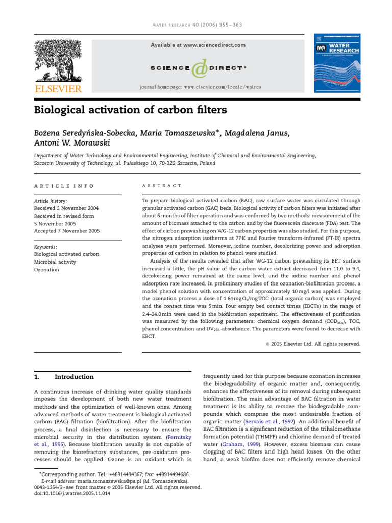 Biological Activation of Carbon Filters | PDF | Water Purification ...