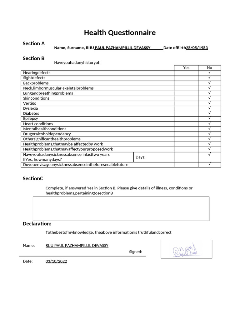 Health Questionnaire | PDF | Wellness
