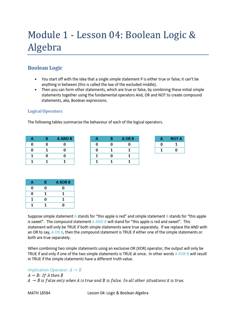 Lesson 04 - Logic & Boolean Algebra | PDF | Boolean Algebra | Teaching Mathematics