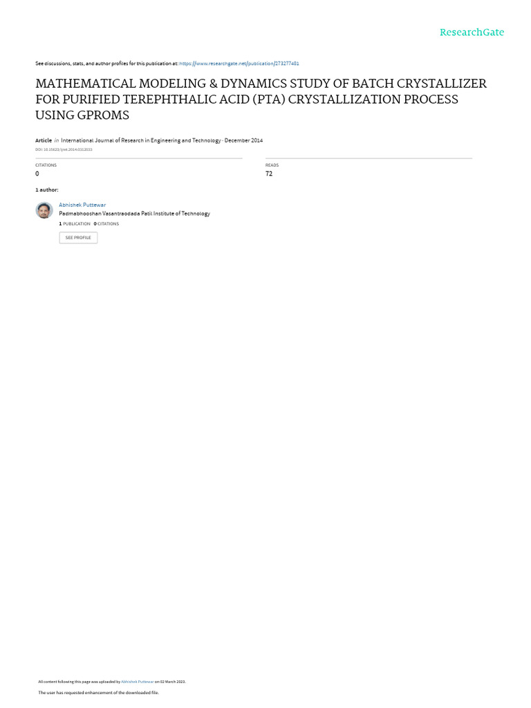 Mathematical Modeling & Dynamics Study of Batch | PDF | Crystallization ...